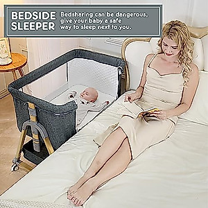 HARPPA Baby Bassinet Bedside Sleeper (Diaper Changing Station + Mosquito Net Included), Adjustable Bedside Crib with Storage, Converts to Cradle and Cosleeper, Portable, Easy Folding. Grey