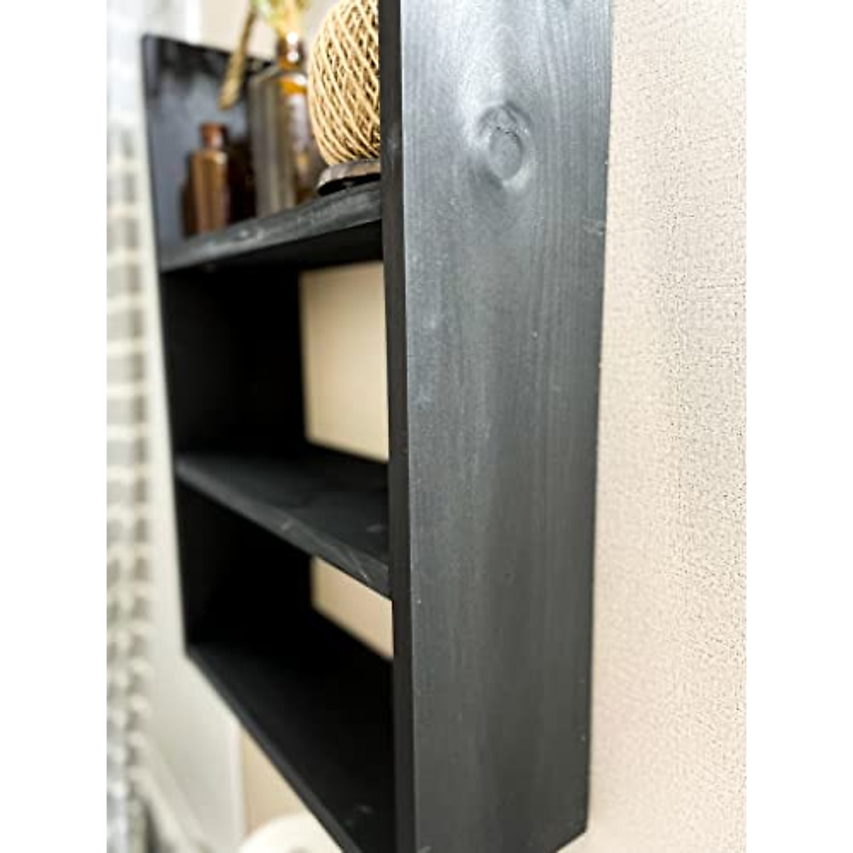 SFC Rustic Wood Bathroom Shelf Over Toilet, Bathroom Decor, Bathroom Shelves Wall Mounted, Rustic Bathroom Decor, Rustic Shelves, Farmhouse Bathroom Decor, Ladder Style Rope Hanging (Black Wire)