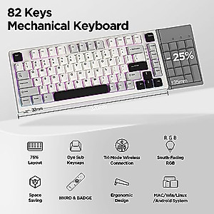 YUNZII YZ75 75% Hot Swappable Wireless Gaming Mechanical Keyboard, RGB Backlights, BT5.0/2.4G/USB-C, Dye Sub PBT Keycaps for Linux/Win/Mac(Gateron G Pro Yellow, White)