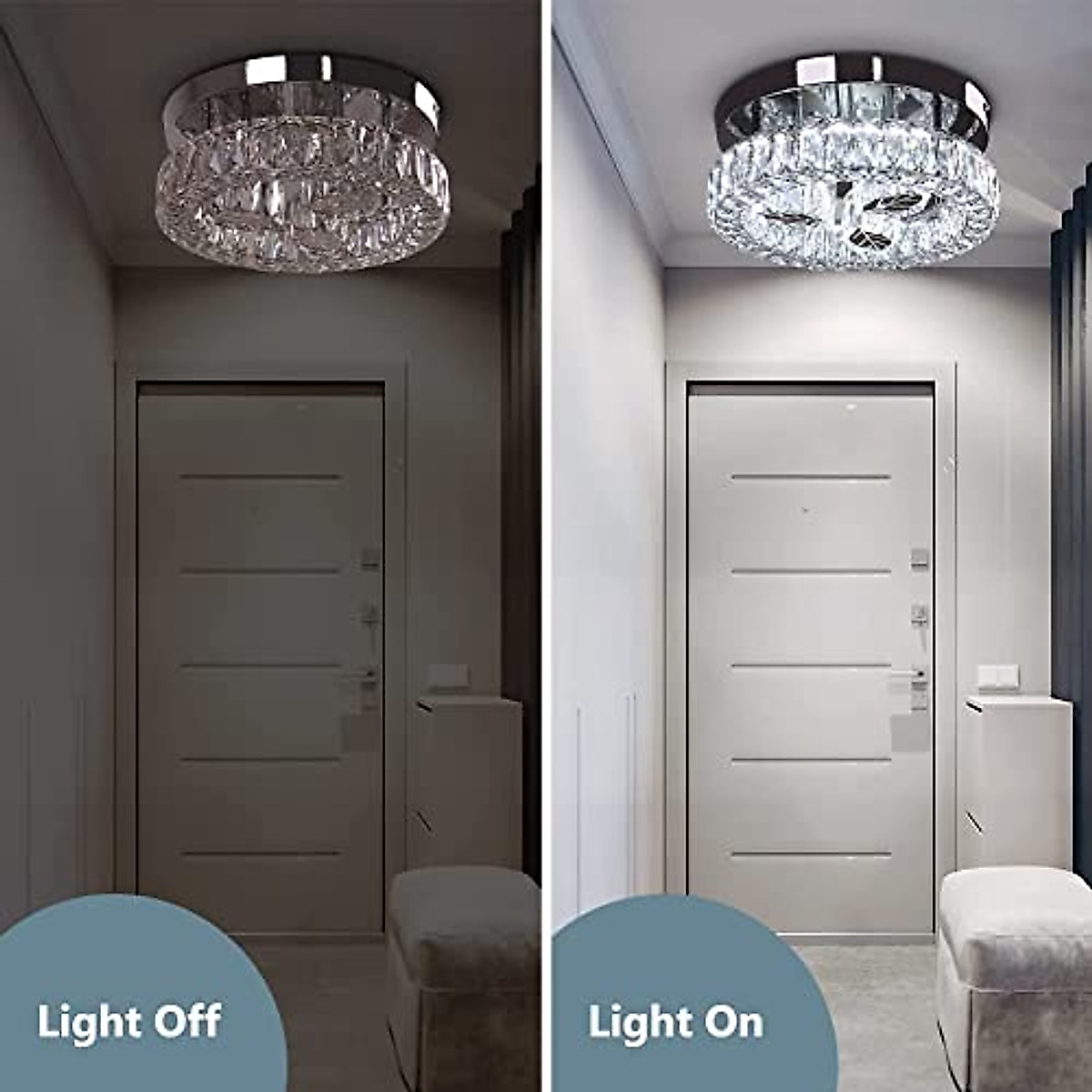 Finktonglan 11.6” Crystal LED Ceiling Light Flush Mount, Modern 30W Round Ceiling Lamp K9 Crystal Light Fixtures, Stainless Steel Leaf Crystal Chandelier for Dining Room Living Room (Cool White)