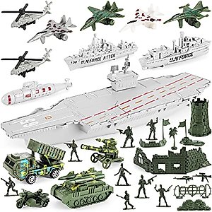 123PCS Aircraft Carrier Toy Set with Toy Soldiers, Jets, Submarine, Frigate, Helicopters, Military Vehicles Battleship Planes Trucks Tank Army Men Toys for Kids Boys Girls and Accessories 18 Inches