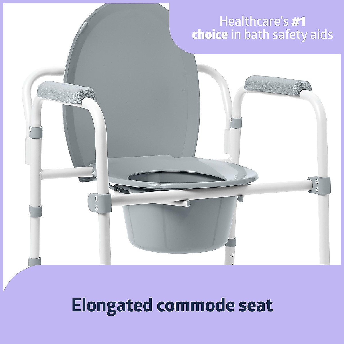 Medline 3-in-1 Aluminum Elongated Commode Seat, 350 lbs. capacity, for Seniors, Elderly and Adults