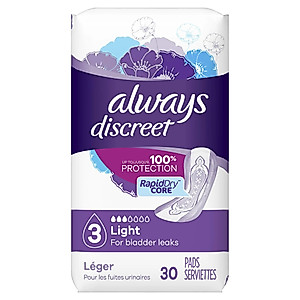 Always Discreet, Incontinence Light Pads, 3 Drops, 30 Pads each (Value Pack of 4)