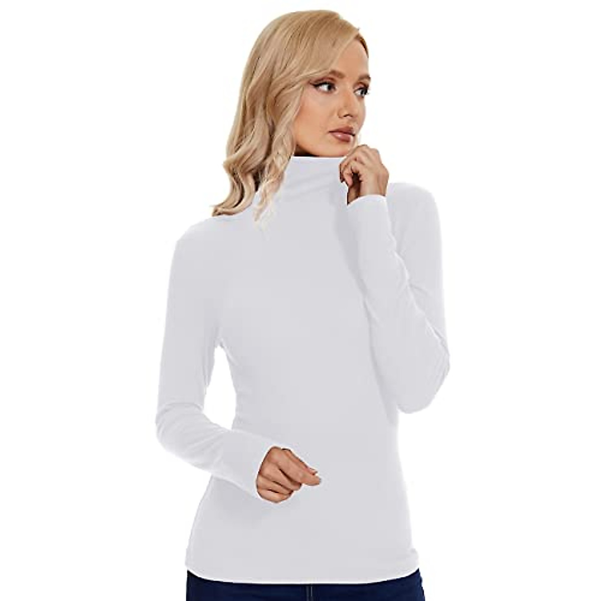 Mockneck Women White Long Sleeve Lightweight Ribbed Knit Pullover Athletic Slim T-Shirt White X-Large