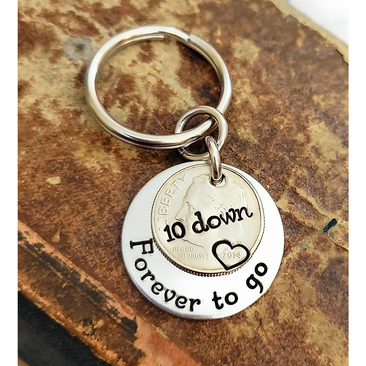 10 Down and Forever To Go 10th Year Anniversary Gift Key Chain with a 2014 Dime and Silver Aluminum Charm