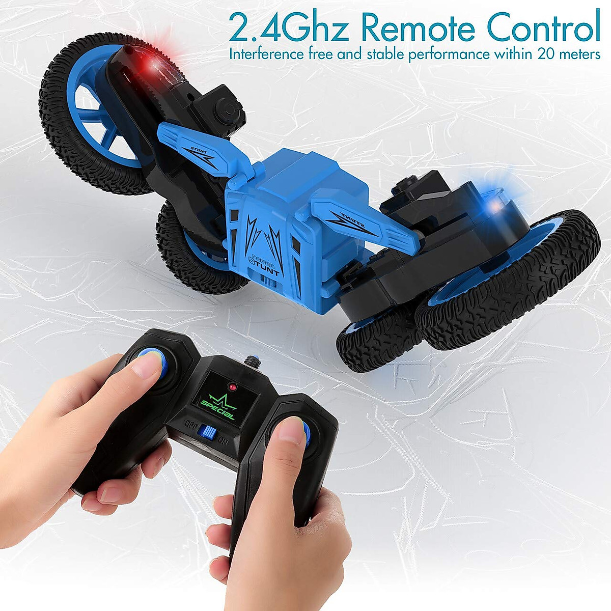 Batlofty Stunt Car Toy, 4WD 2.4Ghz Remote Control Car Double Sided Drive 360° Rotating & Tumbling RC Cars, High Speed, Cool Lights, Off-Road Racing Vehicle Gift Toy Cars for 8+ Girls and Boys, Blue