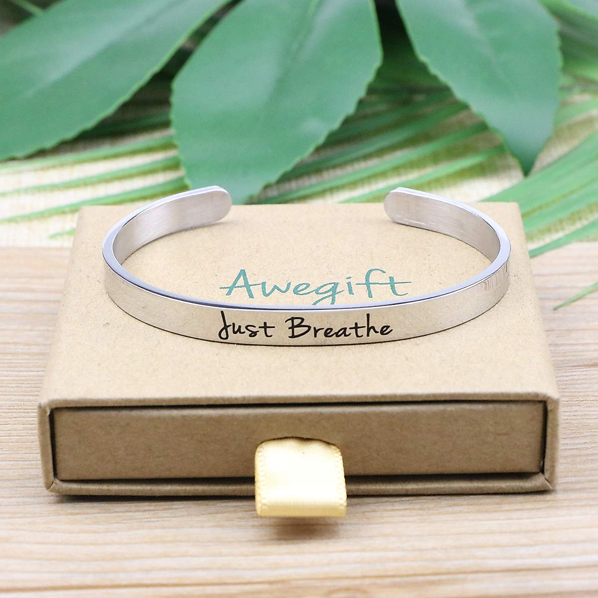 Awegift Just Breathe Yoga Cuff Bracelet Inspirational Mantra Bangle Women Jewelry Gift
