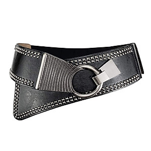Women's Fashion Vintage Wide Waist Belt Elastic Stretch Cinch Belts With Interlock Buckle, Black, One Size