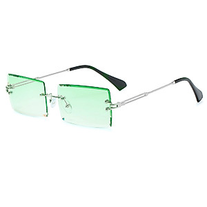 LASPOR Silver Rimless Sunglasses Rectangle for Men and Women 90s 2000s Retro Vintage Square Frameless Tinted Glasses Shades (Silver-Green)