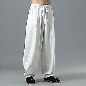 LZJN Men's Linen Drawstring Pant with Elastic Waistband (White, XL)