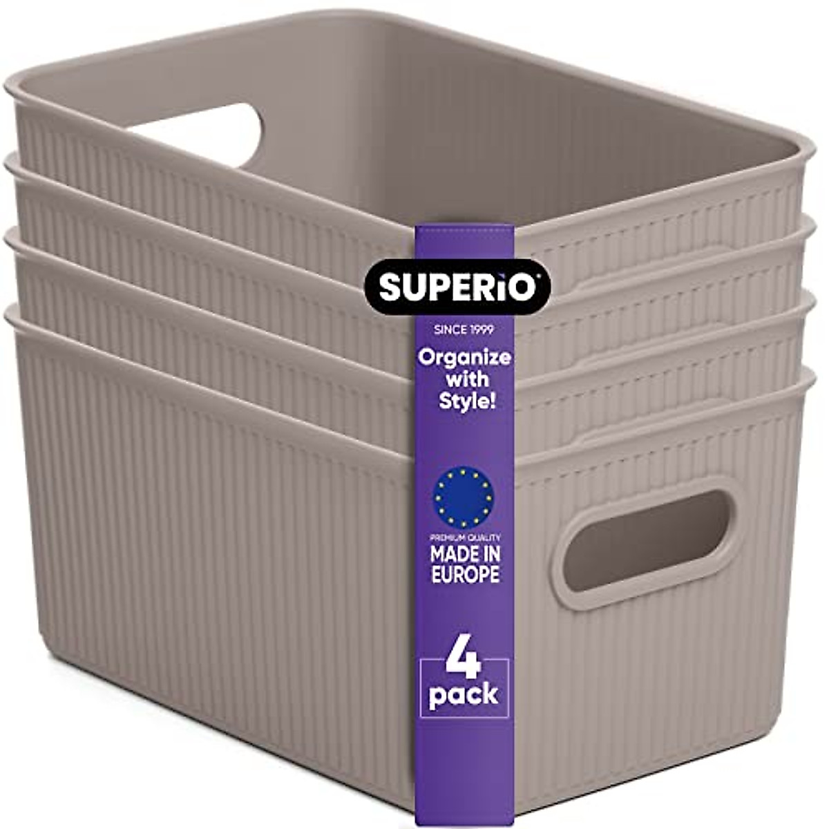 Superio Decorative Plastic Open Home Storage Bins Organizer Baskets, Medium Taupe (4 Pack) Container Boxes for Organizing Closet Shelves Drawer Shelf - Ribbed Collection 5 Liter