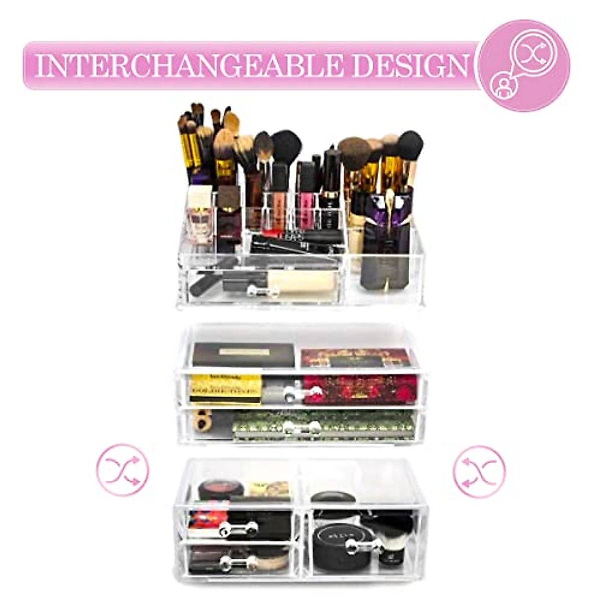 Sorbus Huge Acrylic Makeup Organizer - Extra Large Makeup Case & Display - Stackable 3 Piece Cosmetic Organizers and Storage Set with Acrylic Drawers - Great Vanity, Dresser & Bathroom Organizer