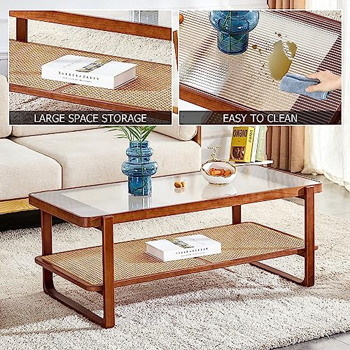 45.28" Walnut Wood Coffee Table with Craft Glass Top, Mid-Century Modern Rattan Coffee Table 2-Tier Glass Coffee Table with Storage for Living Room, Dining Room,Bedroom