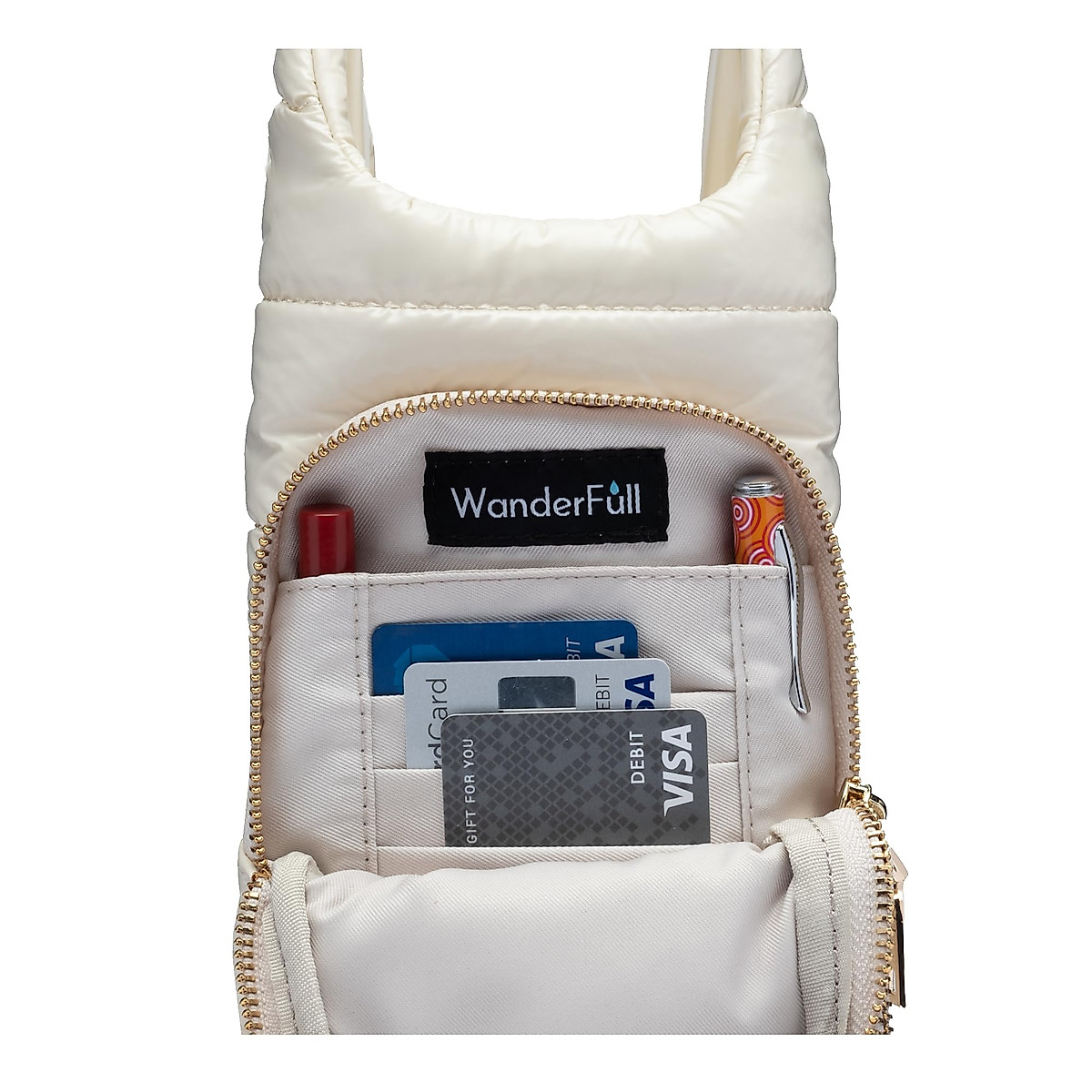 WanderFull Original Crossbody HydroBag | Quilted Water Bottle Carrier | Puffer Tote Tumbler Holder with Pockets for Purse, Phone & Accessories | Carry Travel Essentials (Ivory Gloss)