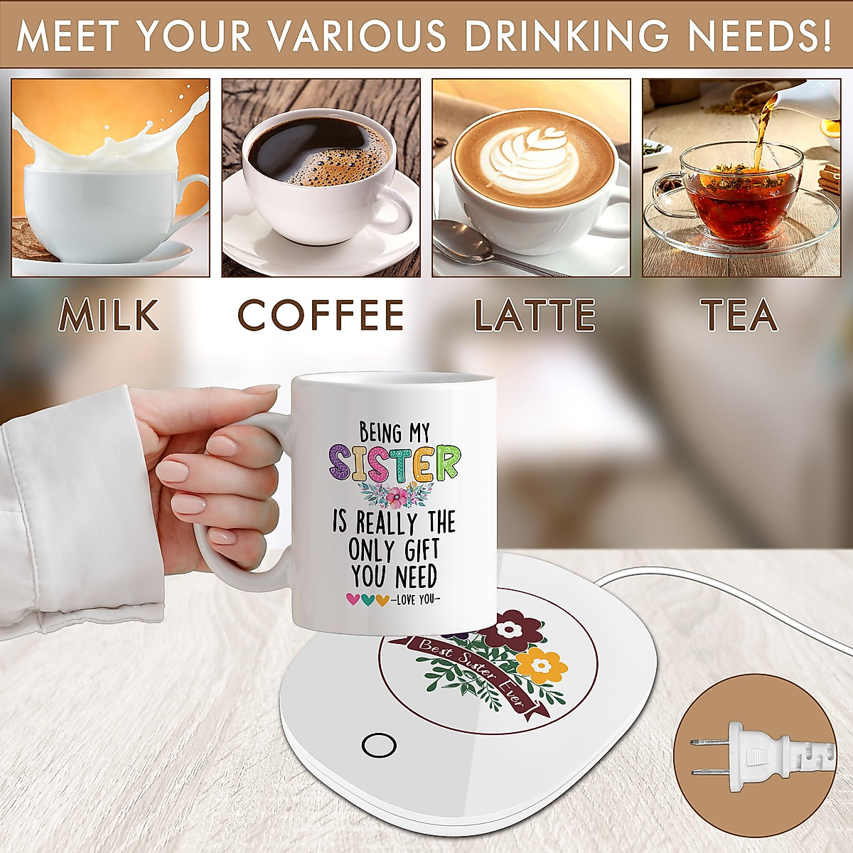 Sister Gifts, Sister Gifts from Sisters, Gifts for Sister, Christmas Sister Gifts for Women, Smart Warmer Thermostat Coaster with Mug, Christmas for Sister