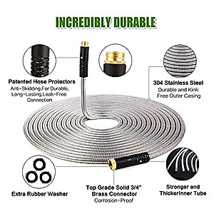 Macuvan Flexible Metal Garden Hose 100ft-Heavy Duty Water Hose with Durable 304 Stainless Steel and 10 Way Spray Nozzle-Strong 3/4'' Solid Brass Fitting-Outdoor Yard No Kink Lightweight Long Hose Pipe