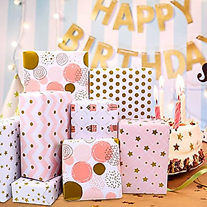 MAMUNU Gift Wrapping Paper for Girl Women, 12 Sheets Metallic Gold Foil and Pink Wrapping Paper, Gift Wrapping Paper Sheets for Birthday, Valentines Day, Wedding, Baby Shower, 28x20inch