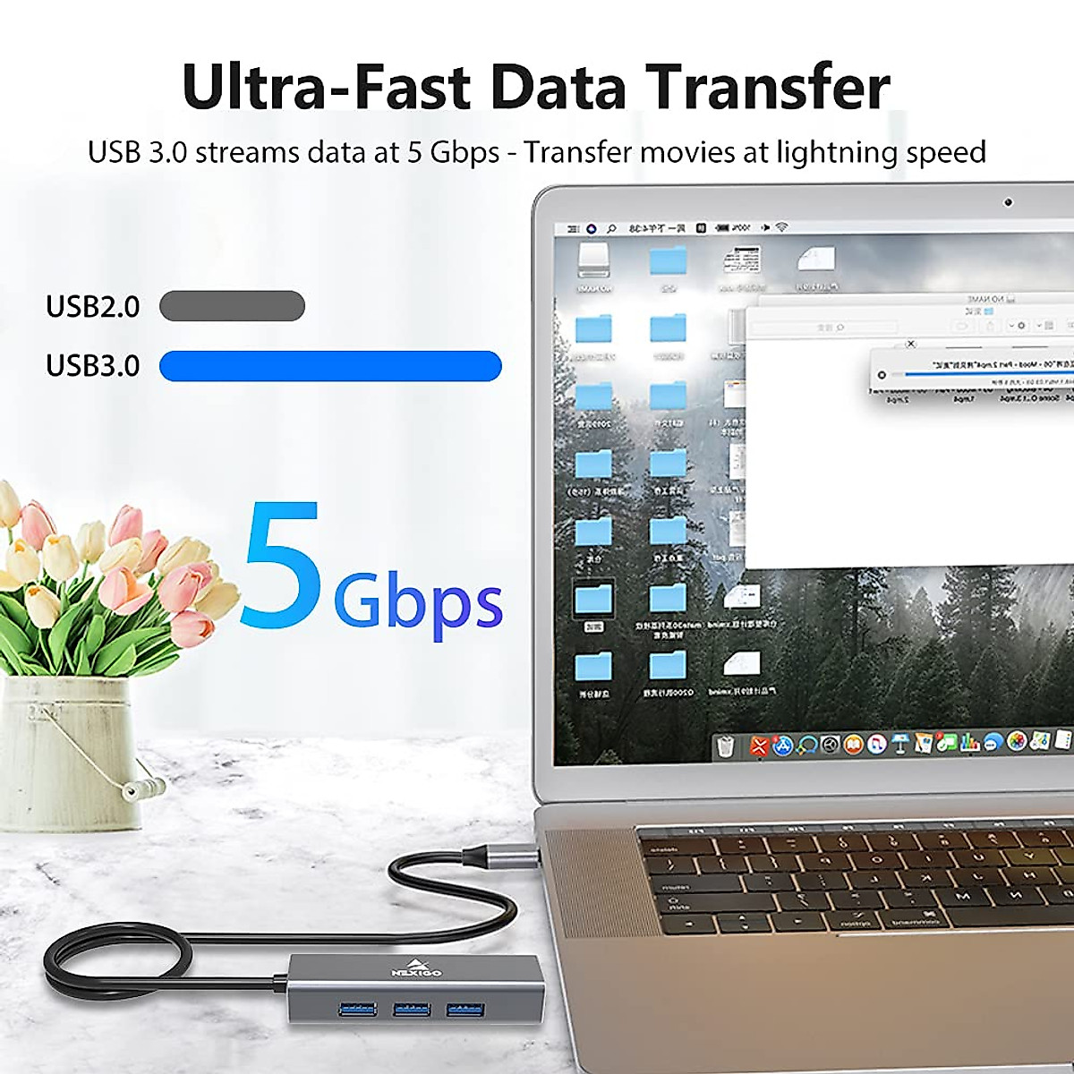 NexiGo 4-Port USB 3.0 Hub, Aluminum Portable USB Hub, 2 Ft Cable, [5Gbps High Speed, 4.5W Charging Supported] for MacBook, Mac Pro/Mini, iMac, Surface Pro, Laptop, USB Flash Drives, Hard Drives