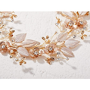 SWEETV Handmade Wedding Headpieces for Bride Hair Accessories Flower-Leaf Bridal Headband Rose Gold Wedding Hair Piece