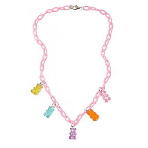 COLORFUL BLING Cute Small Bear Acrylic Chain Necklace Resin Candy Color Gummy Bear Simple Jewelry for Women-Pink