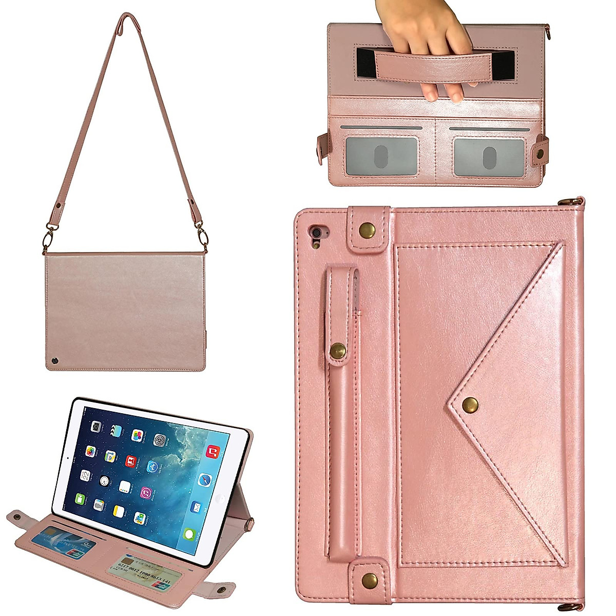Case for 9.7-inch iPad 2018 2017 (iPad 5th/6th Generation), iPad Air/Air 2 Case, Techcircle Smart Folio Stand PU Leather Crossbody iPad Cover with Hand Strap, Card/Pencil Holder Wallet Case, Rose Gold