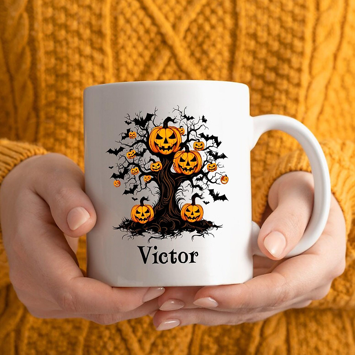 Personalized Halloween Mug, Pumpkin Tree Halloween Coffee Mug, Custom Pumpkin Ceramic Mug With Name, Novelty Halloween Day Pottery Mug, Horror Lovers Gifts, Unique Pumpkin Tree Porcelain Mug