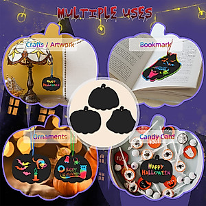 72Pcs Halloween Scratch Paper, Scratch Art Paper Crafts Halloween Magic Rainbow Scratch Paper with 24 Wooden Sticks and 72 Colorful Ribbons, Halloween Art Cards Perfect for Kids Church DIY(Pumpkin)