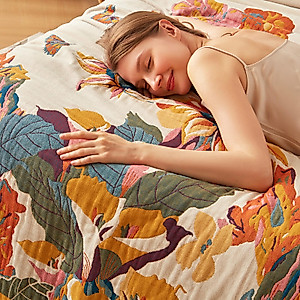 Boho Throw Blanket for Bed - 100% Cotton Ultra Soft Rustic Quilt - Floral Printed Farmhouse Decor Spring Bed Blankets,98"×98" All Season Rustic Throw for Sofa Couch Chair