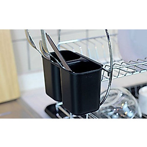 Deluxe Chrome-plated Steel 2-Tier Dish Rack with Drainboard/Cutlery Cup (BlackII)