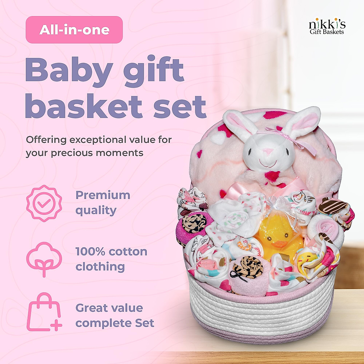 Bassinet New Baby Girl Gift Set | Unique Newborn Gift Basket Hamper for Gender Reveal | Baby Essentials for Expecting Moms & Parents | 17-Piece Baby Layette Set | Pink - Nikki's Gift Baskets