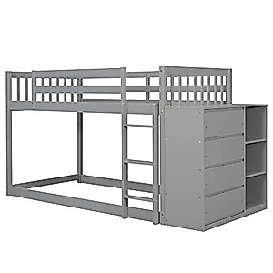 Harper & Bright Designs Twin Over Twin Bunk Bed with Storage, Wood Floor Bunk Beds with 4 Drawers & 3 Shelves, Low Bunk Bed, Twin Loft Bed for Kids, Girls Boys, Teens, Adults (Gray)