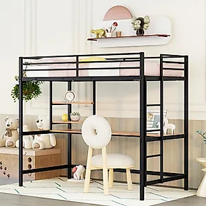 Anwick Twin Size Metal Loft Bed with Desk & Shelf, Metal Structure Bedframe w/Safety Guardrail, for Dorm, Bedroom, Guest Room, No Box Spring Needed (Twin, Black)