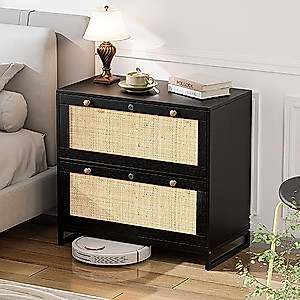 VINGLI Black Rattan 2 Drawer Lateral File Cabinet with Lock, Wood Locking File Cabinets for Home Office, File Cabinet Printer Stand for Hanging Letter/Legal Size Labeled Folders, Oak, 30W x 16D x 28H