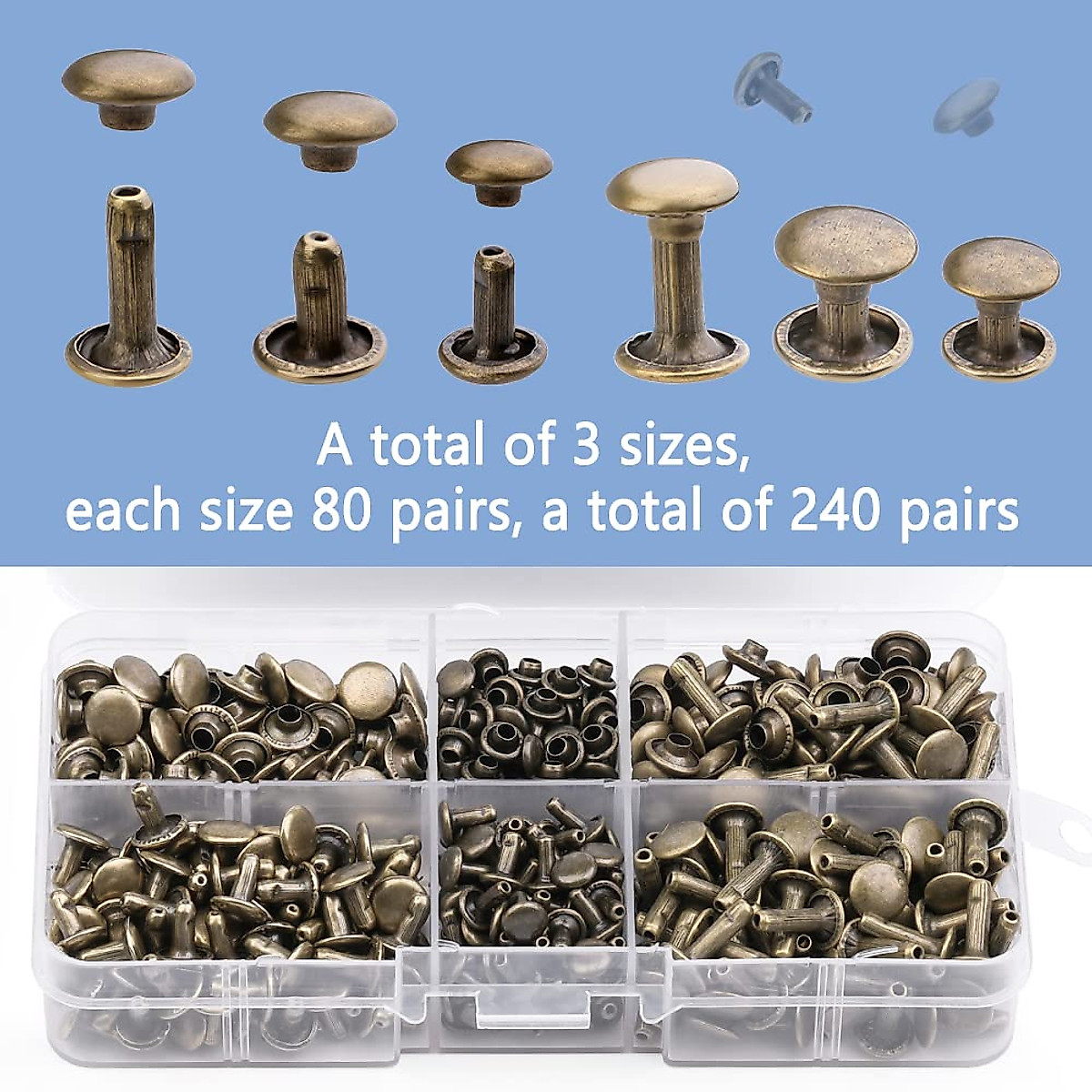 TLKKUE 240 Sets Rivets for Leather, Leather Rivets 3 Sizes Leather Double Cap Rivets for DIY Leather Craft, Bags/Clothes/Shoes/Belts Decoration or Repair (Bronze)