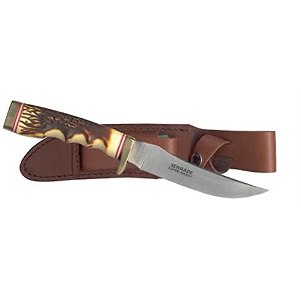 Uncle Henry 153UH Golden Spike Fixed Blade Knife with 5in High Carbon S.S. Blade, Staglon Handle, Sharpening Stone, Full Tang, and Leather Sheath for Hunting, Skinning, Camping, and Outdoors