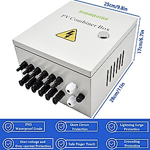 6 String PV Combiner Box, Waterproof Solar Combiner Box with Circuit Breaker LED, 10A Rated Current Fuse with Lightning Arrester and 63A DC Breaker Solar Connector for On/Off Grid Solar Panel System