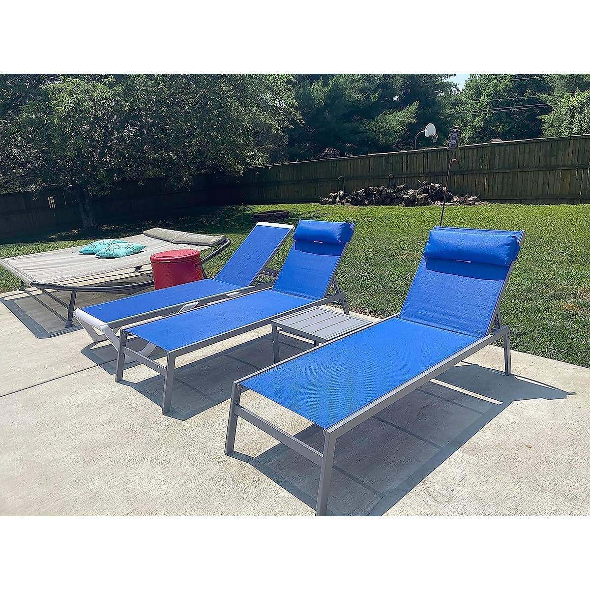 Domi 3 Pieces Adjustable Chaise Lounge Set Outdoor Patio Lounge Chair All Weather Five-Position Recliner Chair Set w/Coffee Table for Patio, Pool, Yard (Blue)