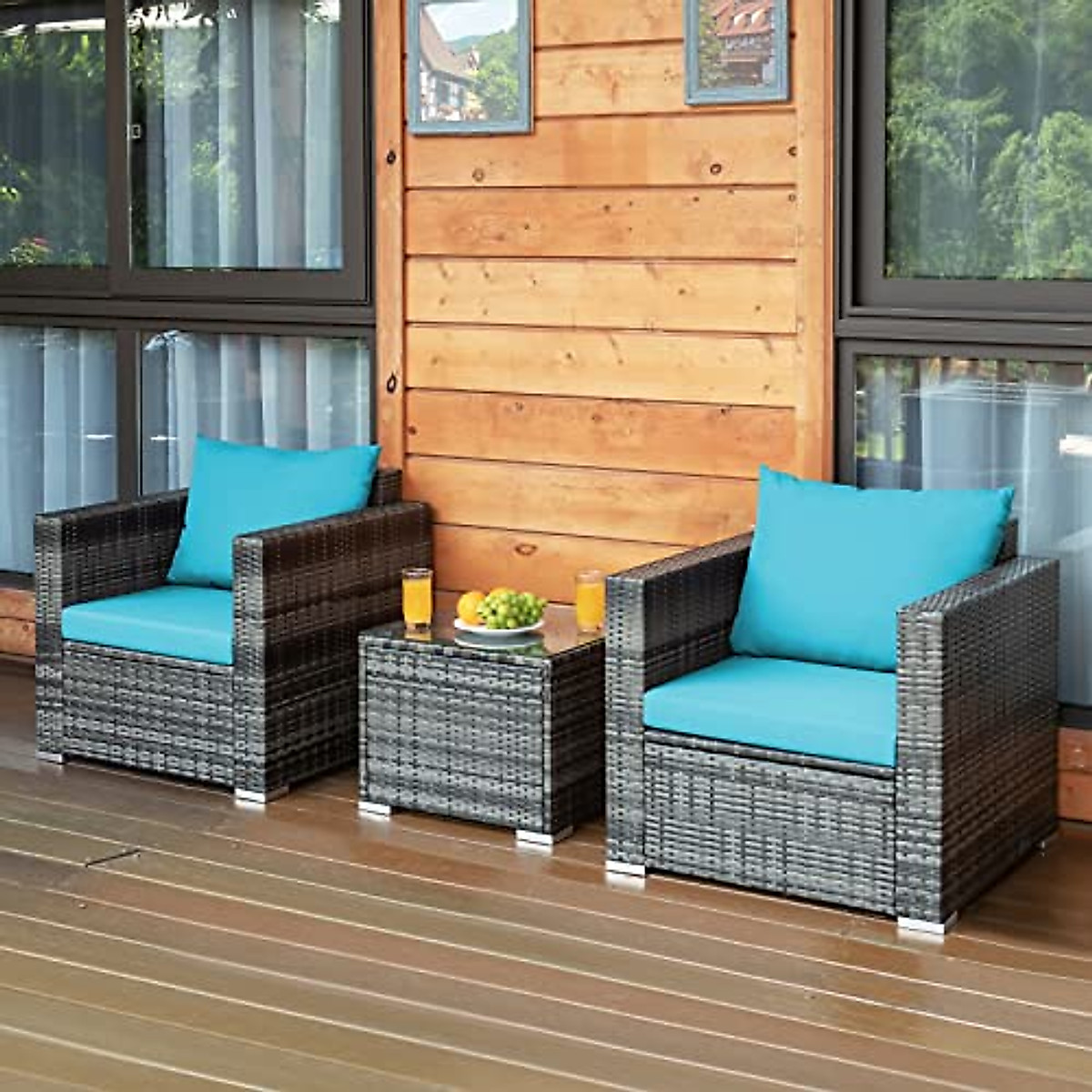 SMLJLQ 3 PC Patio Rattan Furniture Bistro Set Cushioned Sofa Chair Turquoise Single Sofa Coffee Table