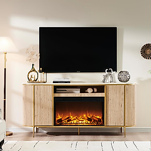 OKD Luxury 70" Fluted Fireplace TV Stand, Modern Chic Entertainment Center for TVs Up to 80 inches, TV Console with Faux Marble Top, Curved Profile Design, Media Console for Living Room, Natural Oak