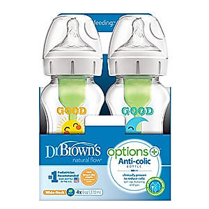 Dr. Brown’s Natural Flow® Anti-Colic Options+™ Wide Baby Bottles, 9 oz/270ml, with Level 1 Slow Flow Nipple, 4 Pack Good Morning/Good Night Gift Set