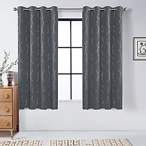 BUHUA Dark Grey Blackout Curtains, Insulated Curtains 63 Inch Length, Dining Room Curtains with Wave Printed, Energy Efficient Curtains for Bedroom 52W×63L, 2 Panels