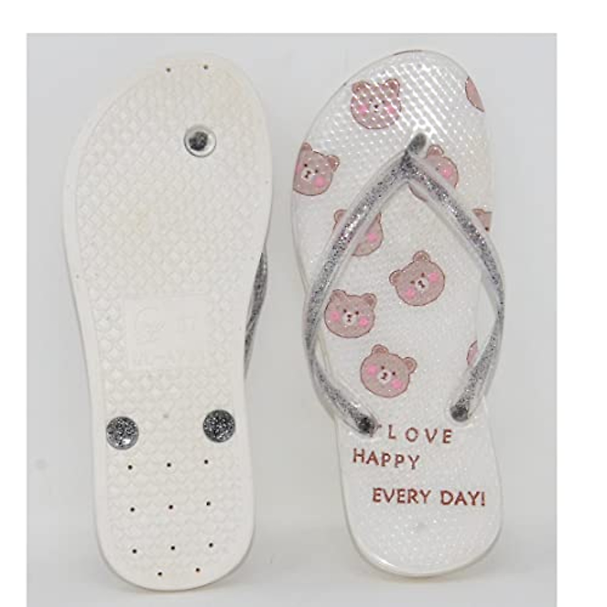 Love Happy Every Day Women's Fashion Summer Beach Flip Flops Clear Jelly Bear Pattern Home Travel Comfy Slippers Sandals (7, White, numeric_7)