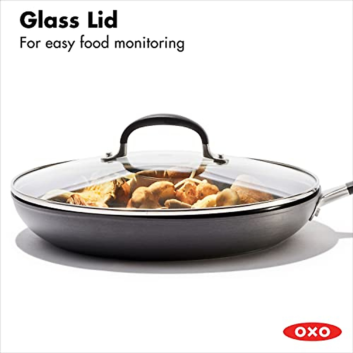 OXO Good Grips 12" Frying Pan Skillet with Lid, 3-Layered German Engineered Nonstick Coating, Stainless Steel Handle with Nonslip Silicone, Black