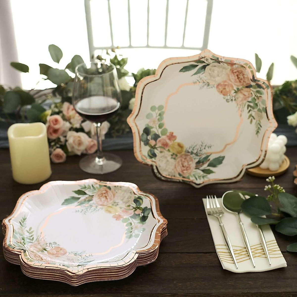 Efavormart 25 Pack | Floral 10" Scallop Rim Dinner Party Paper Plates, Disposable Plates - 300 GSM