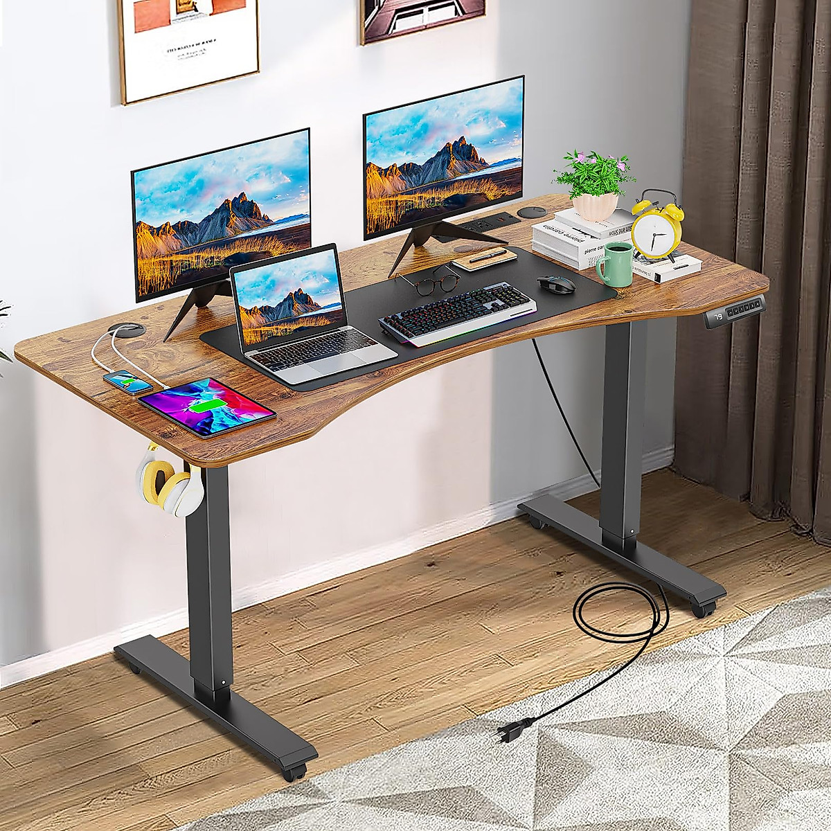 farexon 55 x 24 inch Standing Desk Electric Adjustable Height with Charging Station, Stand up Desk with Oversized Mouse Pad, Ergonomic Curved Workstation, 4 Caster, 4 Preset Heights Easy to Set（Brown