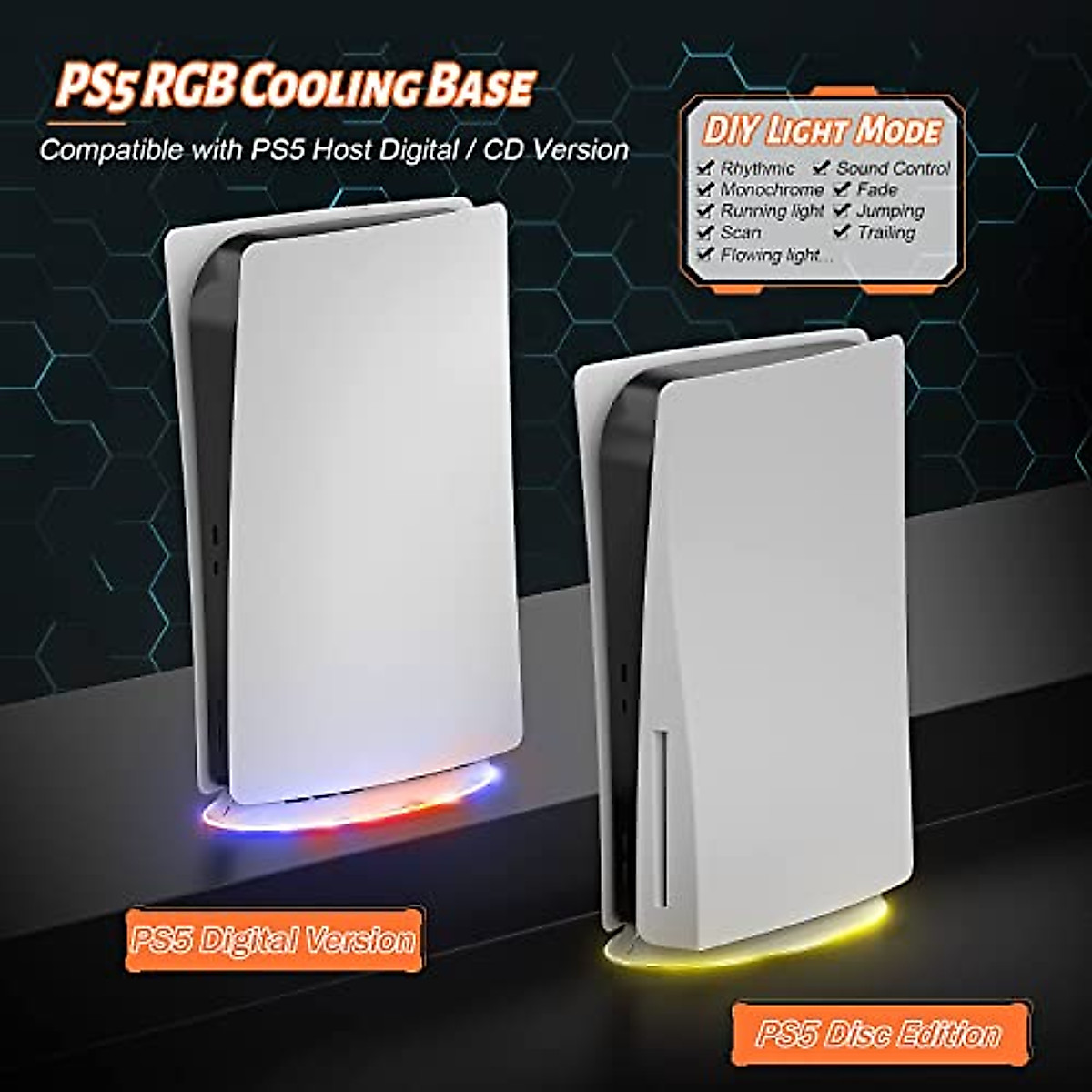 PS5 Cooling Fan Stand with RGB Light for PS5 Digital Disc Edition, 2 Adjustable Speed Cooling Stand Station for Playstation 5 Console PS5 Host Cooler with LED Light Strip Cooling Base PS5 Accessories