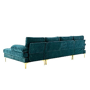 U Shape Sectional Sofa Couch, Modern 110'' Convertible Sectional Sofa, Upholstered Chenille Fabric 4-Seat Couch Sofa Bed with Golden Metal Legs for Living Room, Apartment, Office, Teal Blue