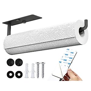 Paper Towel Holder Under Cabinet, Wall Mount Paper Towels Rack for Kitchen, Self Adhesive Hanging Paper Towel Holders for RV Camper, Black