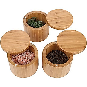 Lily's Home Round Bamboo Jar, Salt and Spices Storage Containers, Small 6oz Salt Box With Magnetic Lock. Set of 3 Wood Boxes