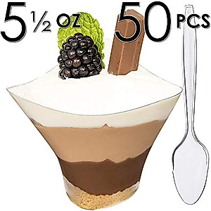 DLux 50 x 5 oz Mini Dessert Cups with Spoons, Large Swirl - Clear Plastic Parfait Appetizer Cup - Small Reusable Serving Bowl for Tasting Party Desserts Appetizers - With Recipe Ebook